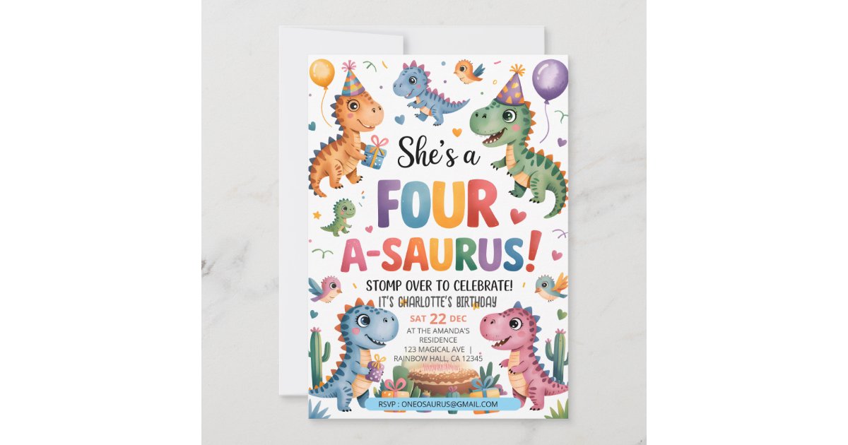 Dinosaur Four A-Saurus 4th Birthday Party T-Rex Invitation | Zazzle