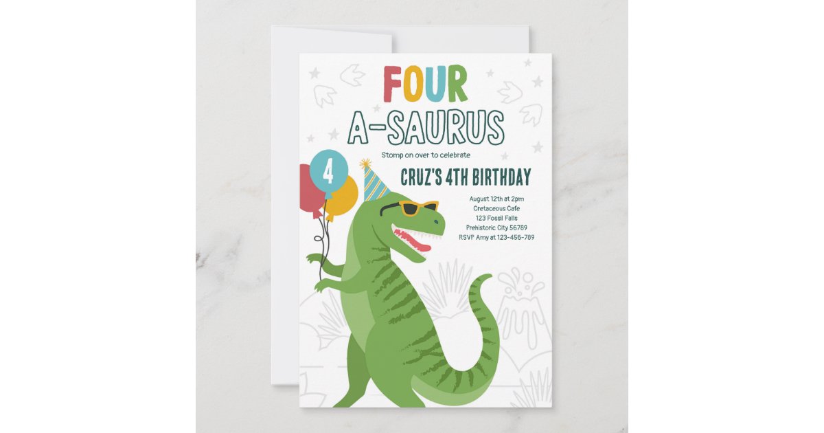 Dinosaur Four A-Saurus 4th Birthday Party T-Rex Invitation | Zazzle