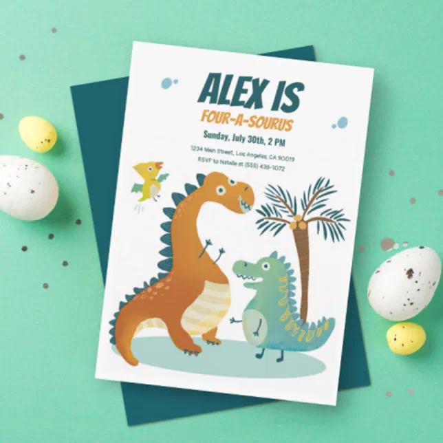 Dinosaur Four-A-Saurus Kids 4th Birthday Invites | Zazzle