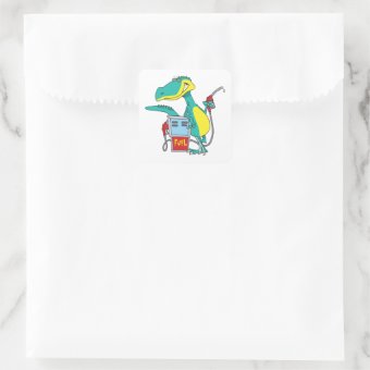 dinosaur gas pump fossil fuel cartoon square sticker | Zazzle