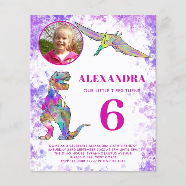 Dinosaur Girls 6th Birthday T Rex Photo purple Fly Flyer | Zazzle