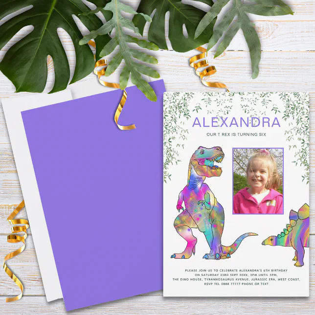 Dinosaur Girls Birthday Party Photo Purple Invitation | Zazzle