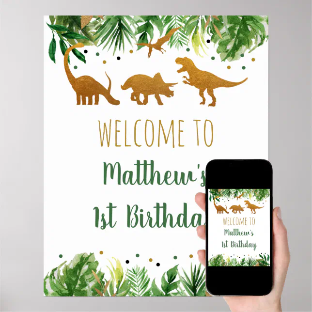 Dinosaur Greenery Gold Birthday Welcome Poster | Zazzle