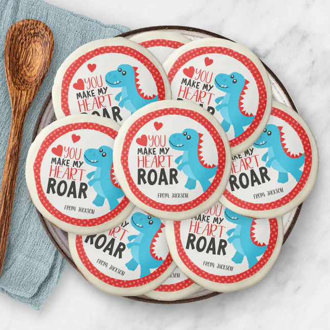 Dinosaur Heart Roar Kids Valentine's Day Sugar Cookie | Zazzle