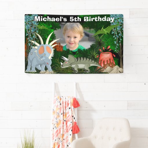 Dinosaur jungle volcano boys birthday photo banner | Zazzle