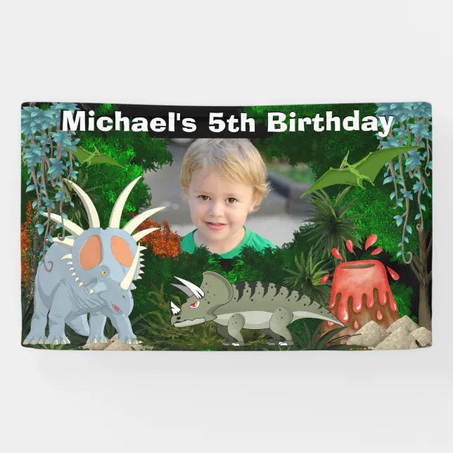 Dinosaur jungle volcano boys birthday photo banner | Zazzle