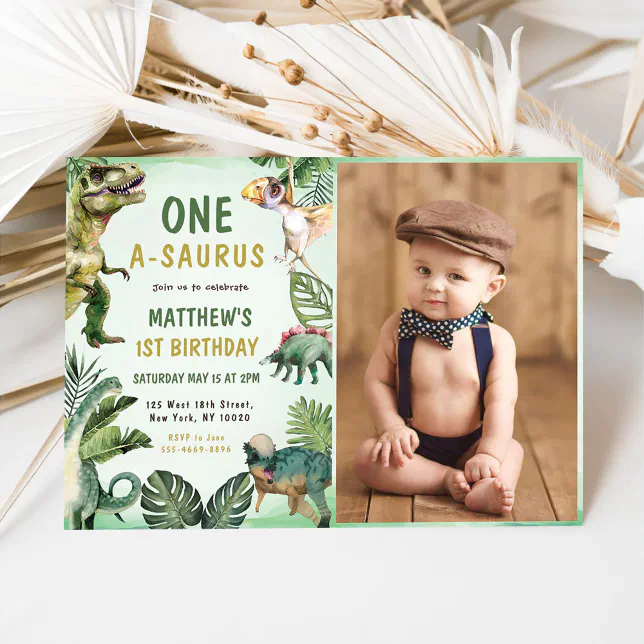 Dinosaur One-A-Saurus 1st Birthday Party Photo Invitation | Zazzle