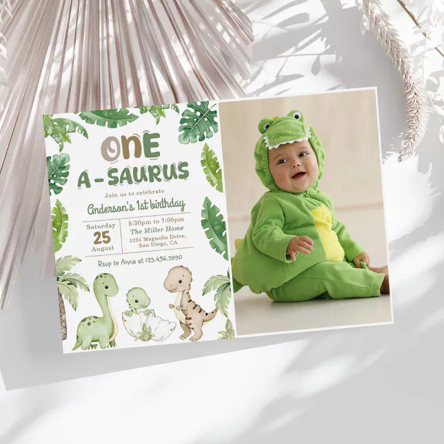 Dinosaur One-A-Saurus 1st Birthday Party Photo Invitation | Zazzle