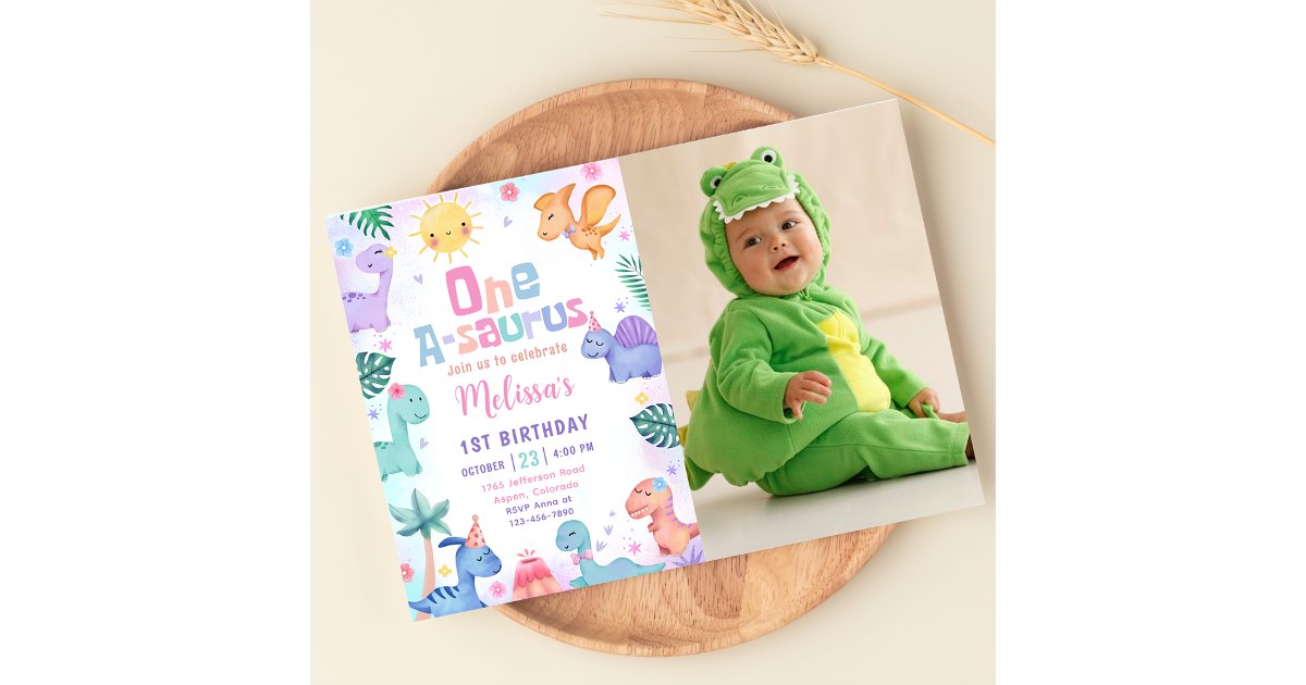 Dinosaur One-A-Saurus 1st Birthday Photo Invitation | Zazzle