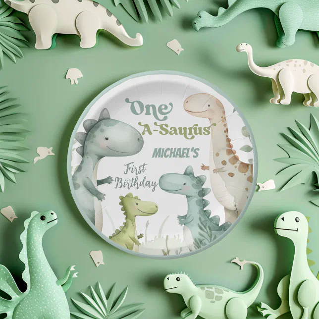 Dinosaur One-A-Saurus Boy 1st Birthday Party Paper Plates | Zazzle