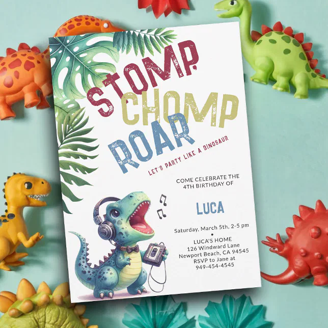 Dinosaur Party Moves Stomp Chomp Roar Boy Birthday Invitation | Zazzle