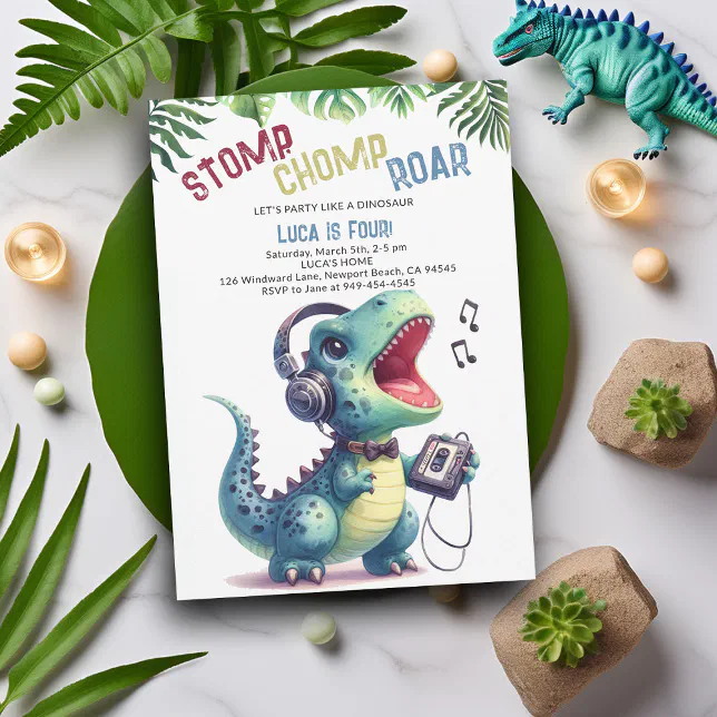Dinosaur Party Song Stomp Chomp Roar Boy Birthday Invitation | Zazzle