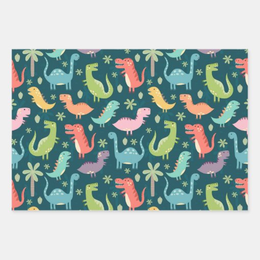 Dinosaur Pattern Blue Monogrammed Kid Boy Party Wrapping Paper Sheets ...