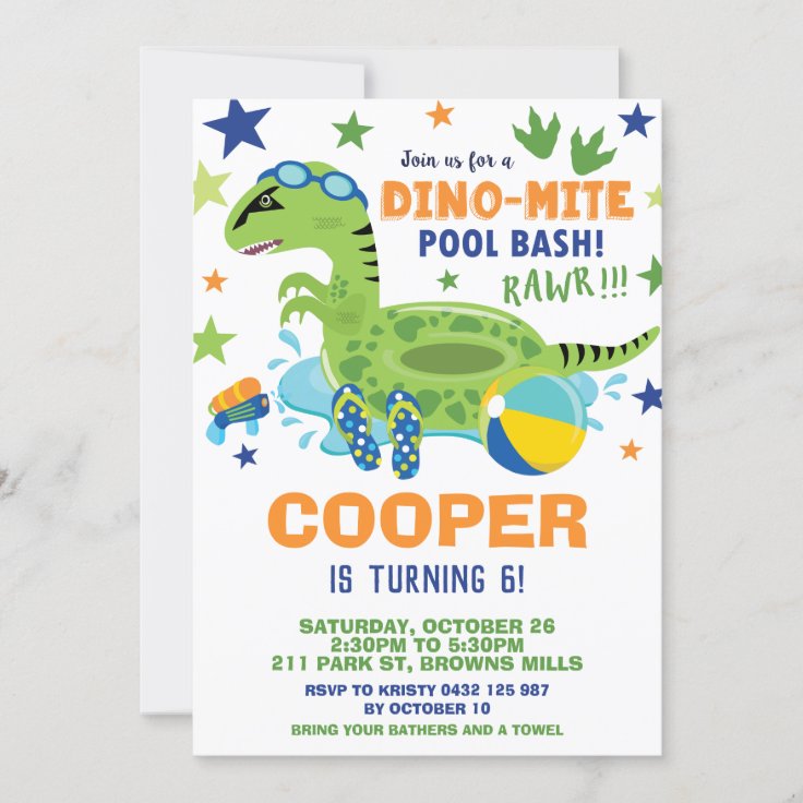 Dinosaur Pool Birthday Party Bash Boy Dino Floatie Invitation | Zazzle