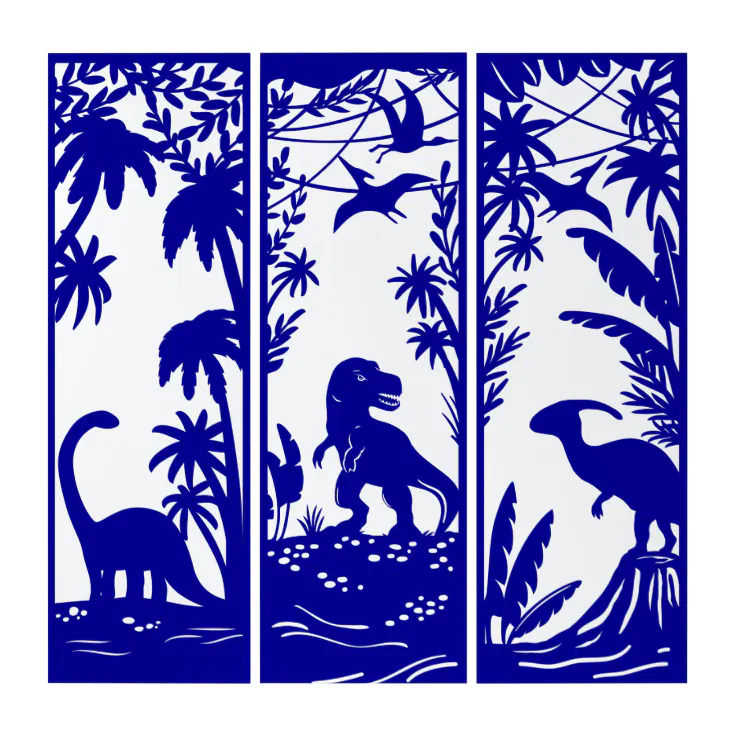Dinosaur Prehistoric Animal Blue Silhouette Design Triptych | Zazzle