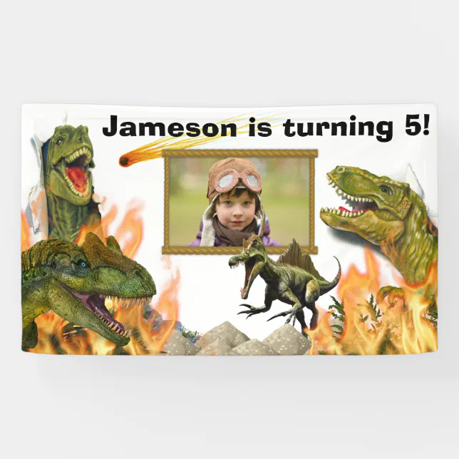 Dinosaur roar T-rex flames meteor photo birthday Banner | Zazzle