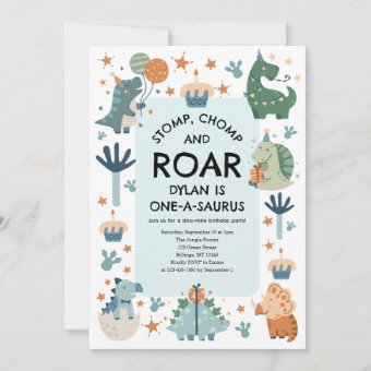 Dinosaur Stomp Chomp and Roar First Birthday Invitation | Zazzle