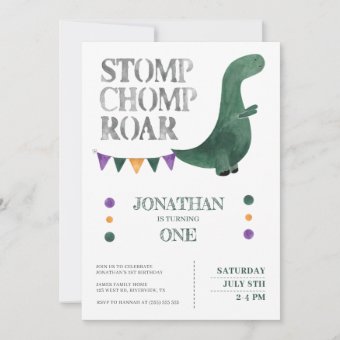 Dinosaur Stomp Chomp Roar 1st Birthday Party Invitation | Zazzle