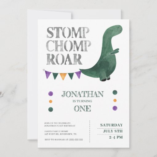 Dinosaur Stomp Chomp Roar 1st Birthday Party Invitation | Zazzle