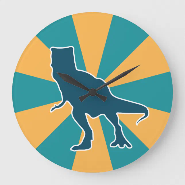 Dinosaur t rex cartoon yellow blue dino boys room large clock | Zazzle