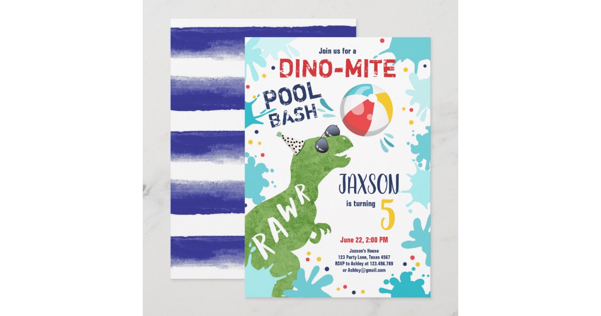 Dinosaur T-Rex Dino Mite Pool Bash Boy Blue Party Invitation | Zazzle