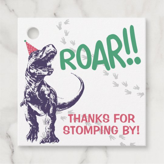 Dinosaur T-Rex in Party Hat Pink & Purple Birthday Favor Tags | Zazzle.com