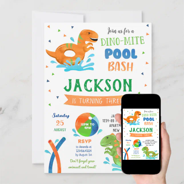 Dinosaur T-rex Pool Party Birthday Invitations | Zazzle