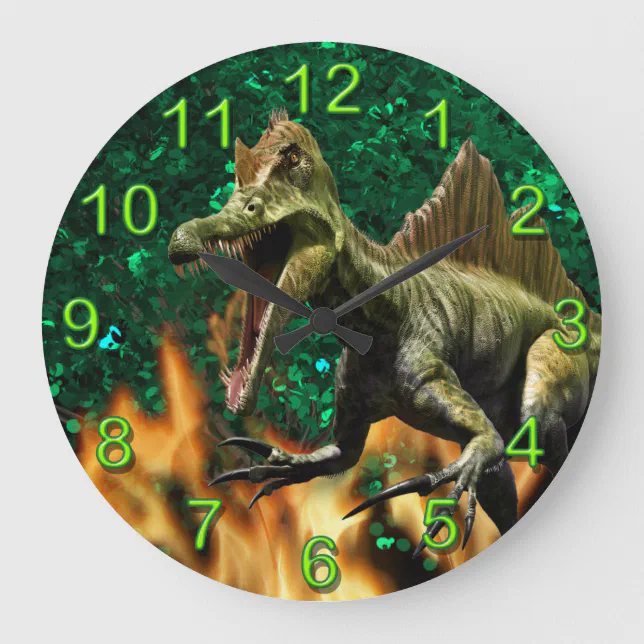 Dinosaur T-rex prehistoric animal fire numbers Large Clock | Zazzle