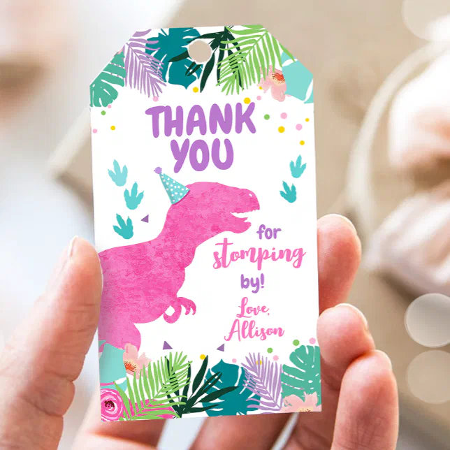 Dinosaur T-Rex Thank You Stomping By Girl Birthday Gift Tags | Zazzle