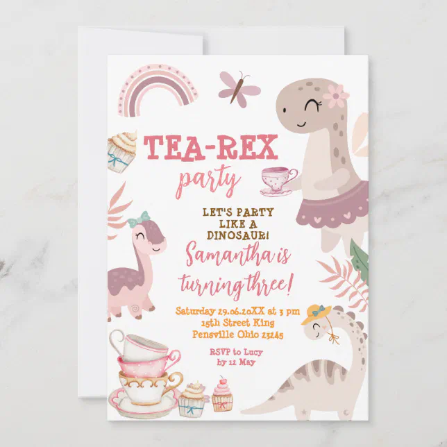 Dinosaur Tea-Rex 3rd Girl Birthday Party Invitation | Zazzle