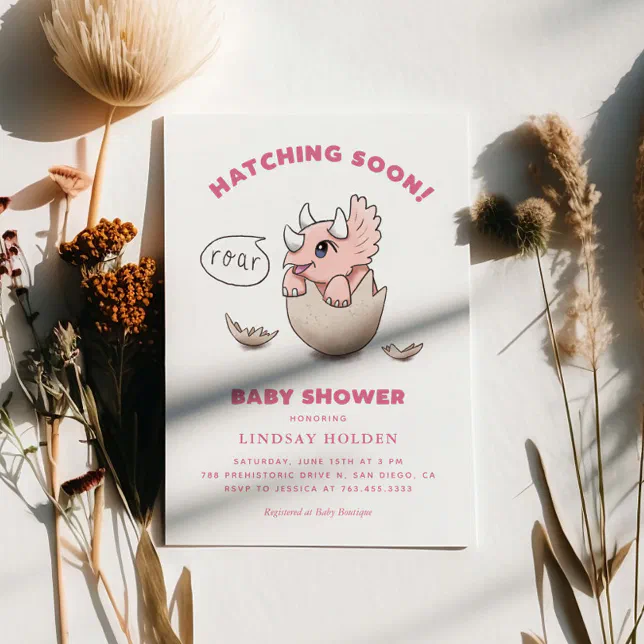 Dinosaur Theme Pink Baby Shower Hatching Soon Invitation | Zazzle