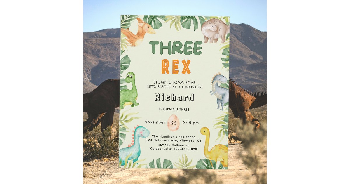 Dinosaur Three Rex 3rd Birthday Invitation | Zazzle