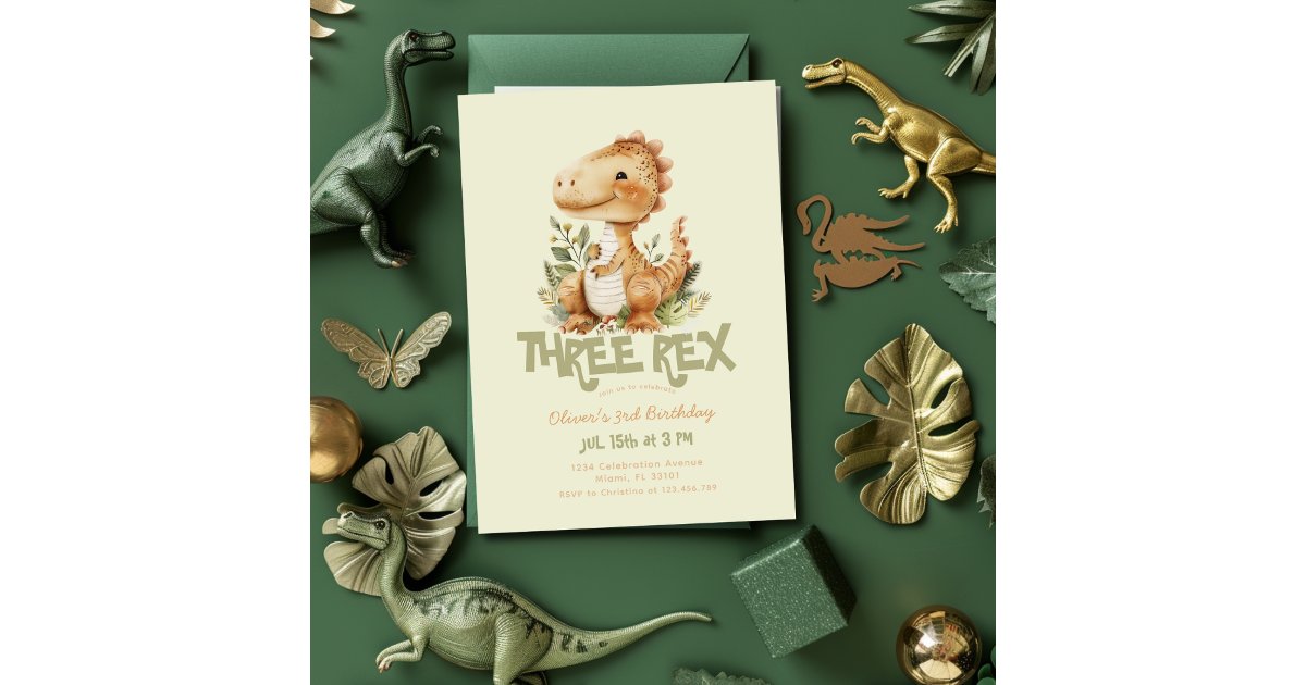 Dinosaur Three Rex 3rd Birthday Party Boys Invitation | Zazzle