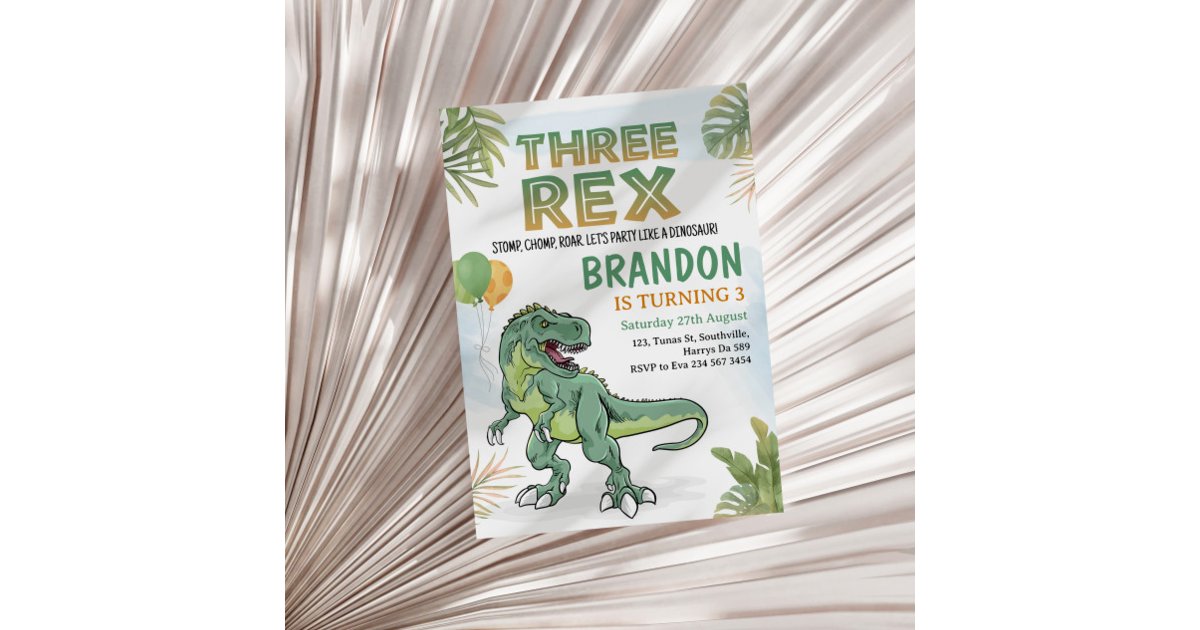 Dinosaur Three Rex 3rd Birthday Party Invitation | Zazzle