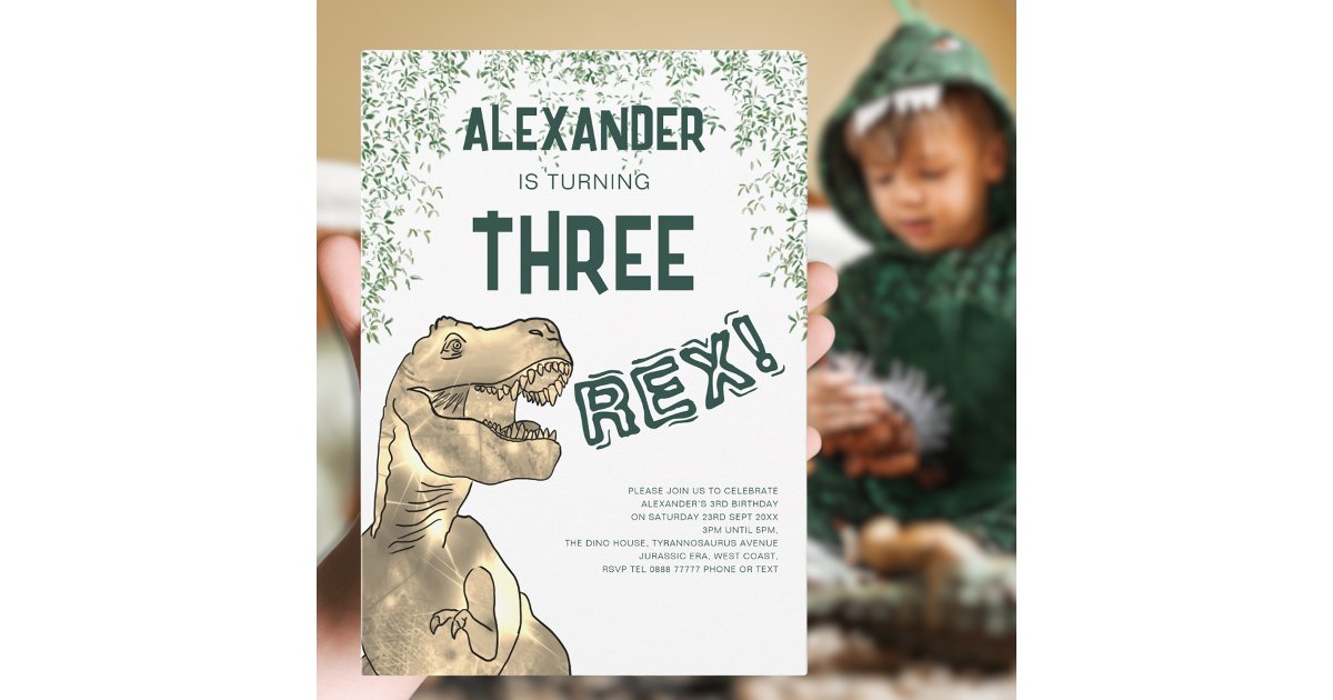 Dinosaur Three Rex 3rd Birthday Party Invitation | Zazzle