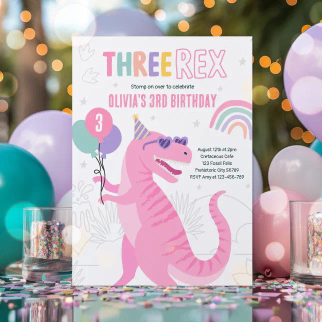 Dinosaur Three Rex 3rd Birthday Party Pink T-Rex Invitation | Zazzle