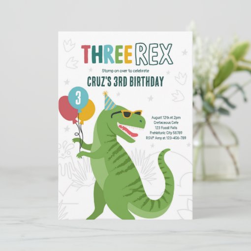 Dinosaur Three Rex 3rd Birthday Party T-Rex Invitation | Zazzle