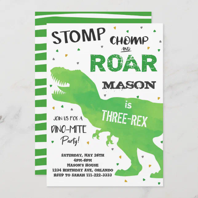 Dinosaur Three-Rex Birthday Invitation | Zazzle