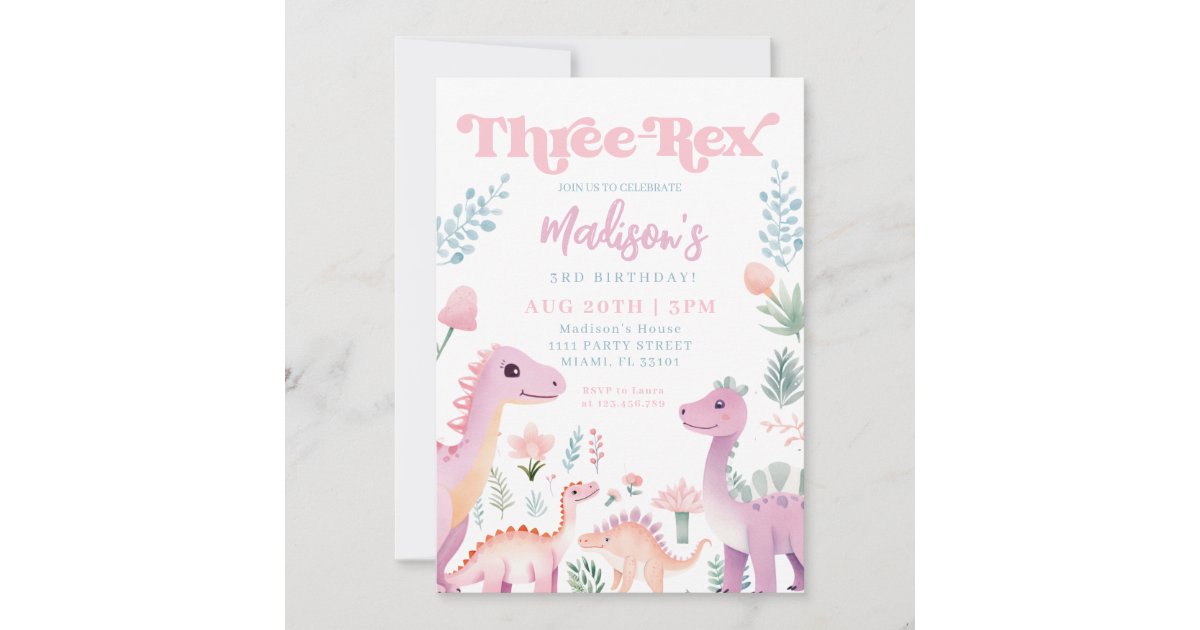 Dinosaur Three Rex Girl Pink 3rd Birthday Party Invitation | Zazzle