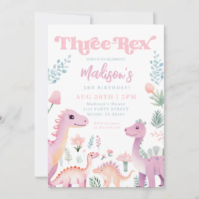 Dinosaur Three Rex Girl Pink 3rd Birthday Party Invitation | Zazzle