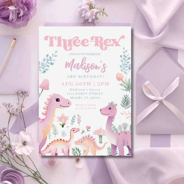 Dinosaur Three Rex Girl Pink 3rd Birthday Party Invitation | Zazzle