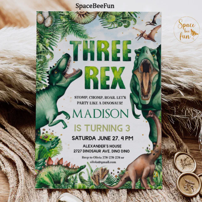 Dinosaur Three Rex Invitation Boy | Zazzle