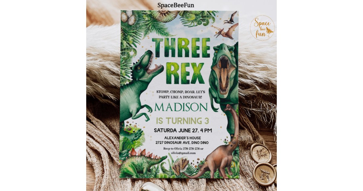 Dinosaur Three Rex Invitation Boy | Zazzle