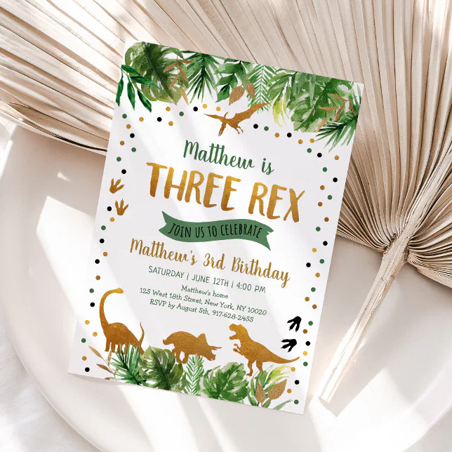 Dinosaur Three Rex Third Birthday Invitation | Zazzle