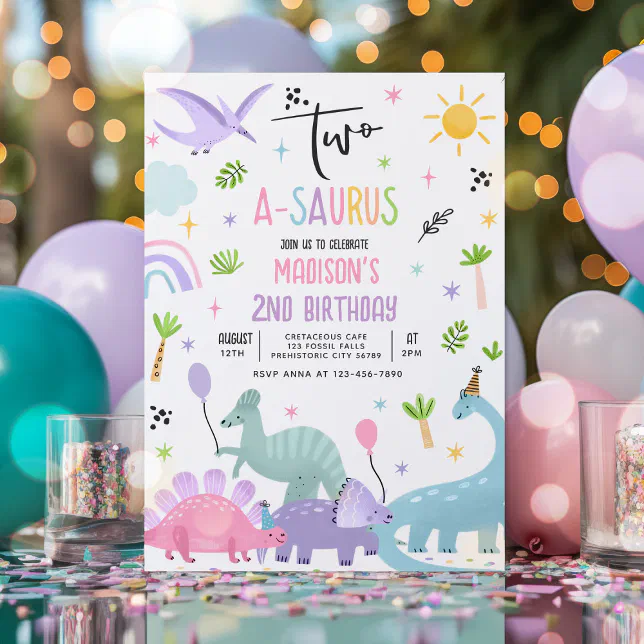 Dinosaur Two-A-Saurs Pink T-Rex 2nd Birthday Party Invitation | Zazzle