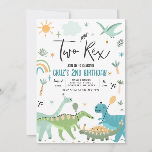 Dinosaur Two Rex 2nd Birthday Party Invitation | Zazzle