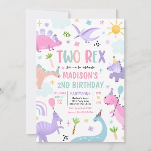 Dinosaur Two Rex 2nd Birthday Party Invitation | Zazzle