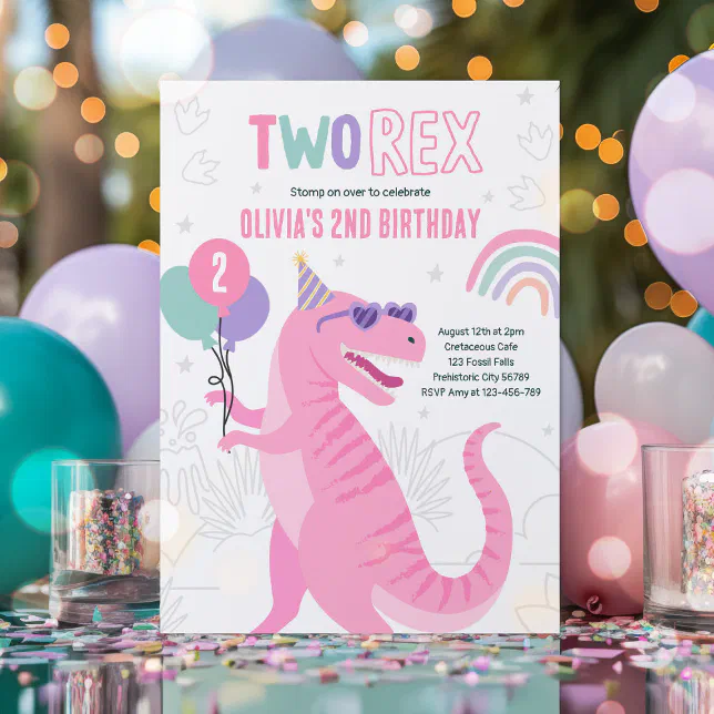 Dinosaur Two Rex 2nd Birthday Party Pink T-Rex Invitation | Zazzle