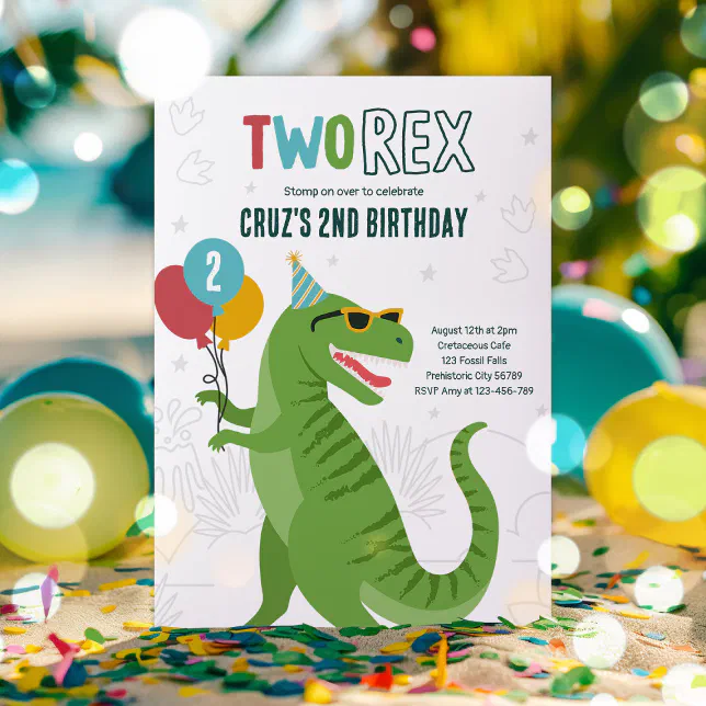 Dinosaur Two Rex 2nd Birthday Party T-Rex Invitation | Zazzle