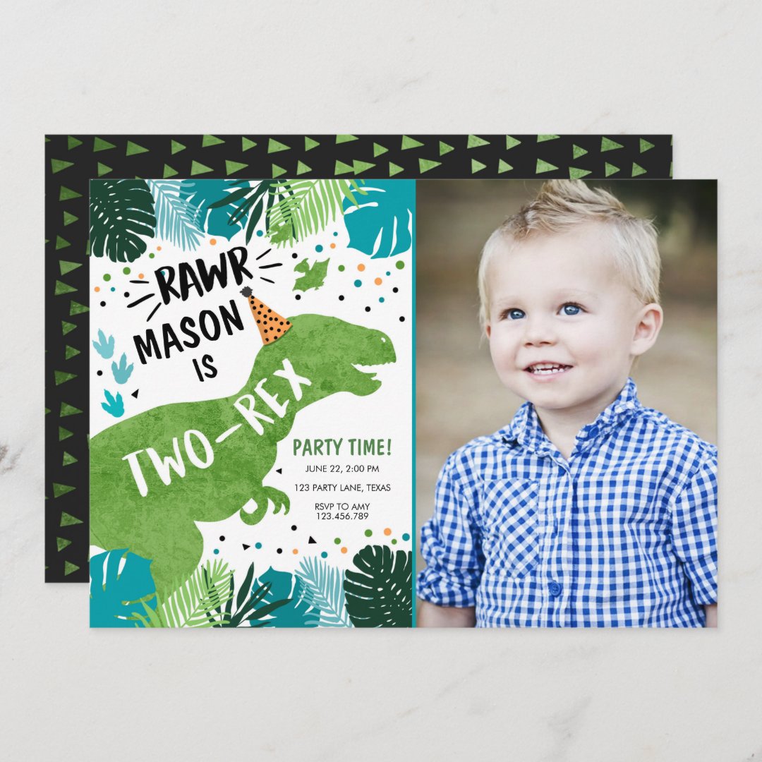 Dinosaur Two-Rex T-Rex RAWR 2nd Second Birthday Invitation | Zazzle